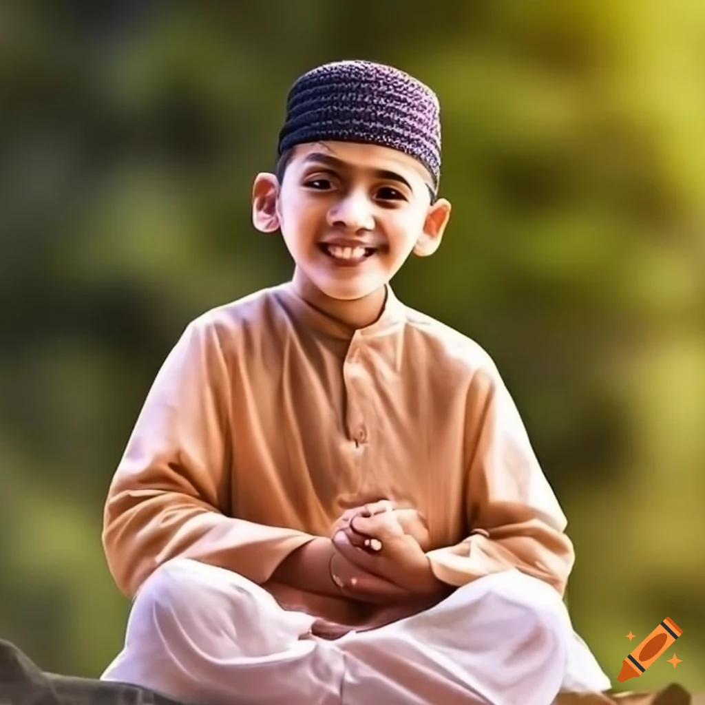 An islamic boy who is very happy and express his feeling to other by ...