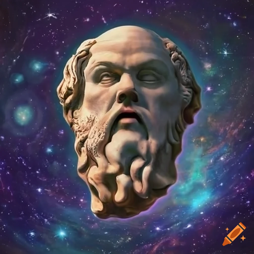 Socrates surrounded by an abstract cosmic background symbolizing ...