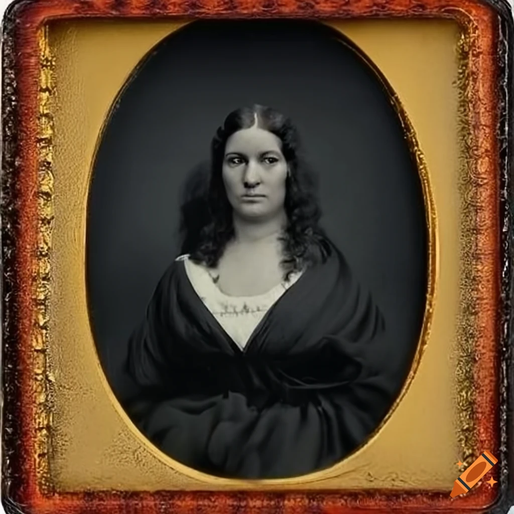 A daguerreotype portrait of a woman with long hair in the style pf ...