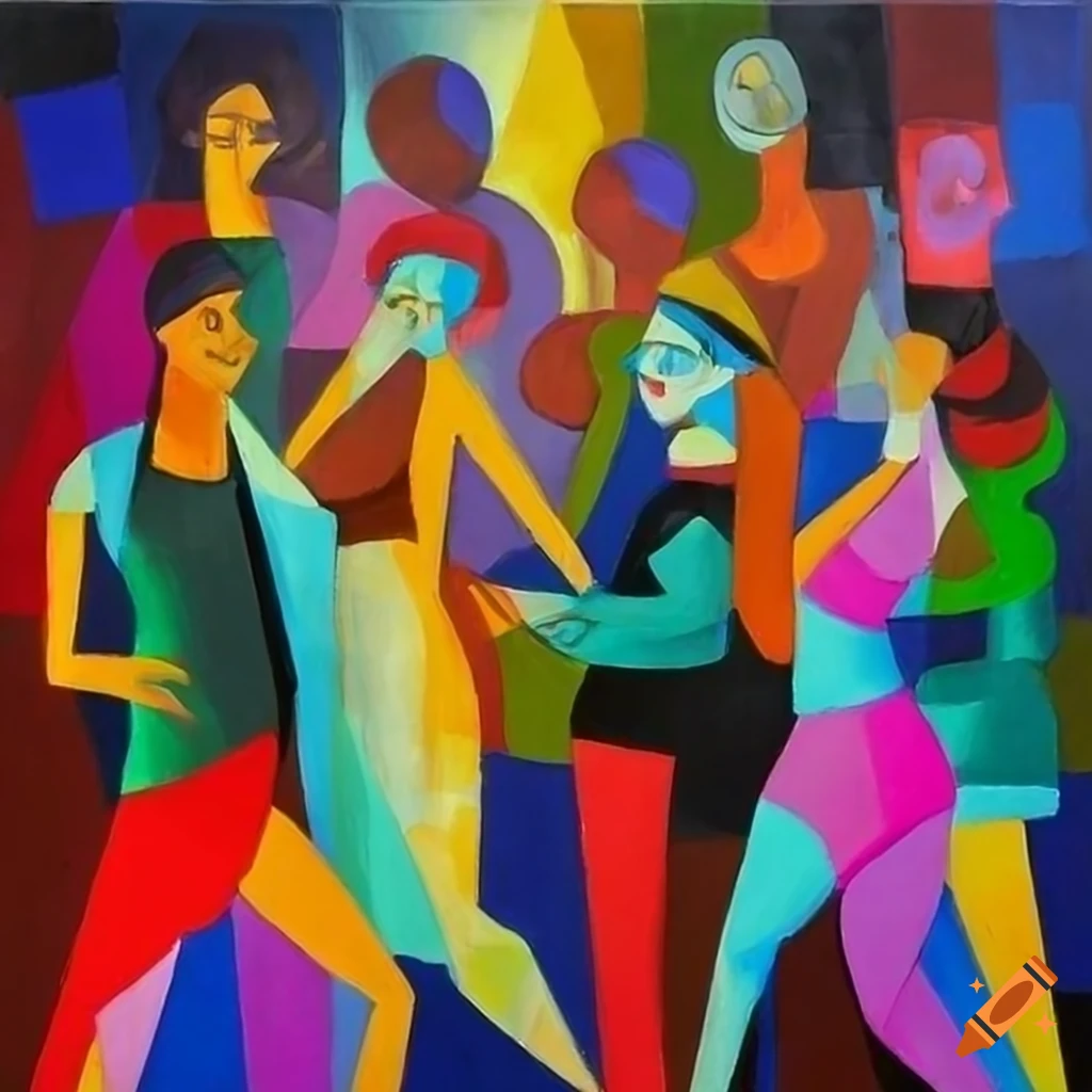 Cubist painting of people in a disco