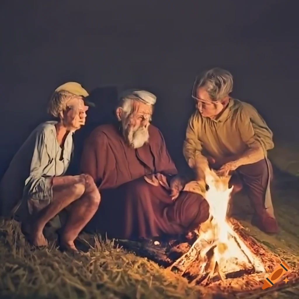 An old man telling stories to a group of younger people - men and women - in the middle of a ...