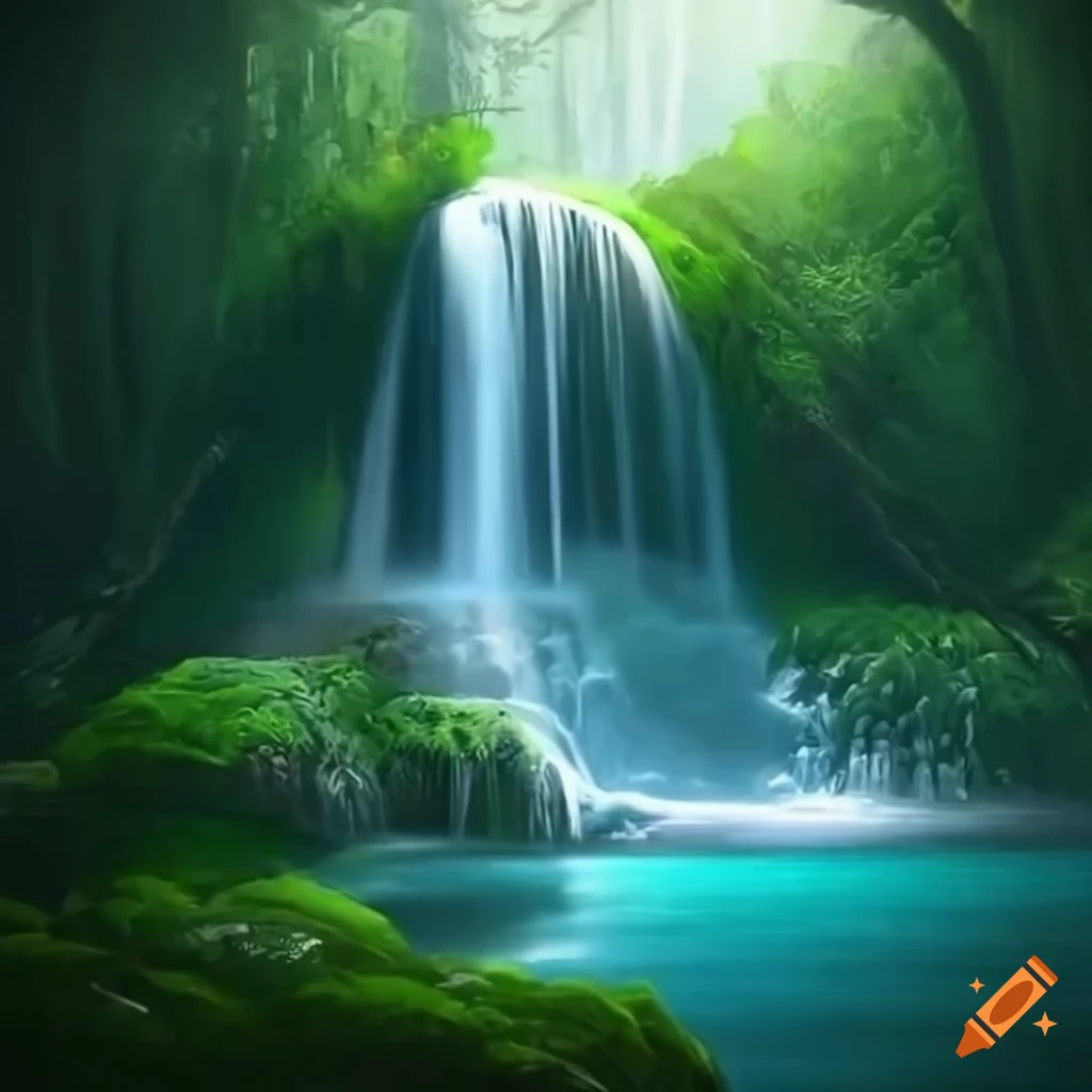 Hyper realistic waterfall, trees, plants