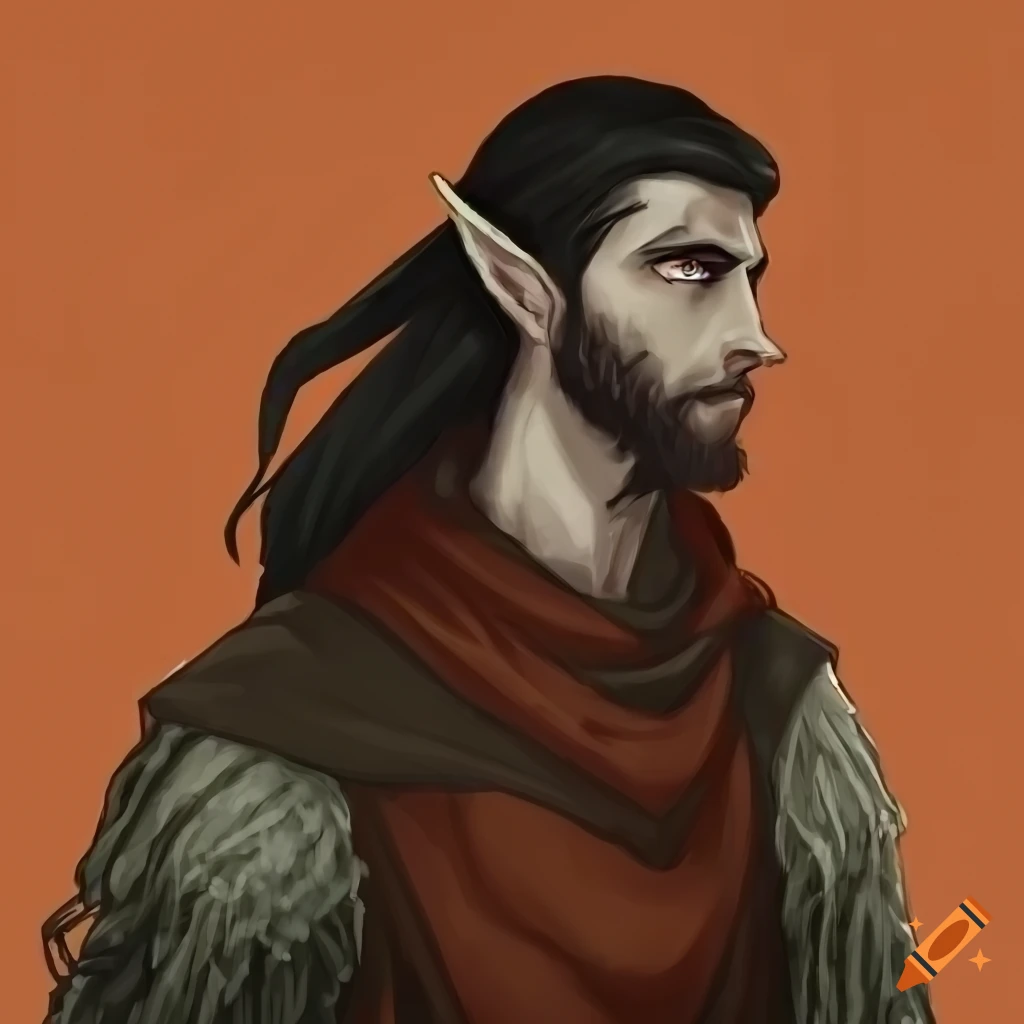 Halfelf, male, elf ears, short black full beard, black long hair, green ...