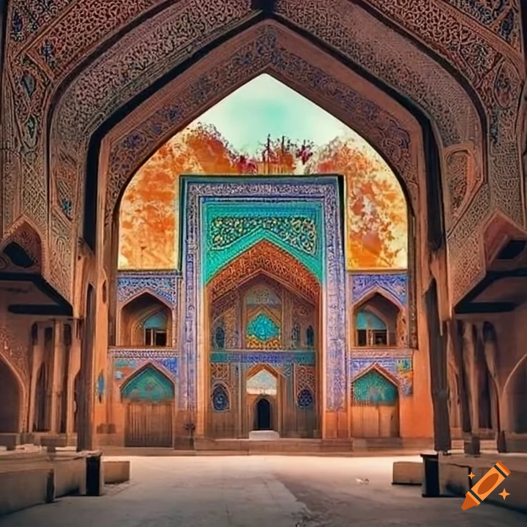 Iran mosque walls outside bridge beautiful, open area on Craiyon