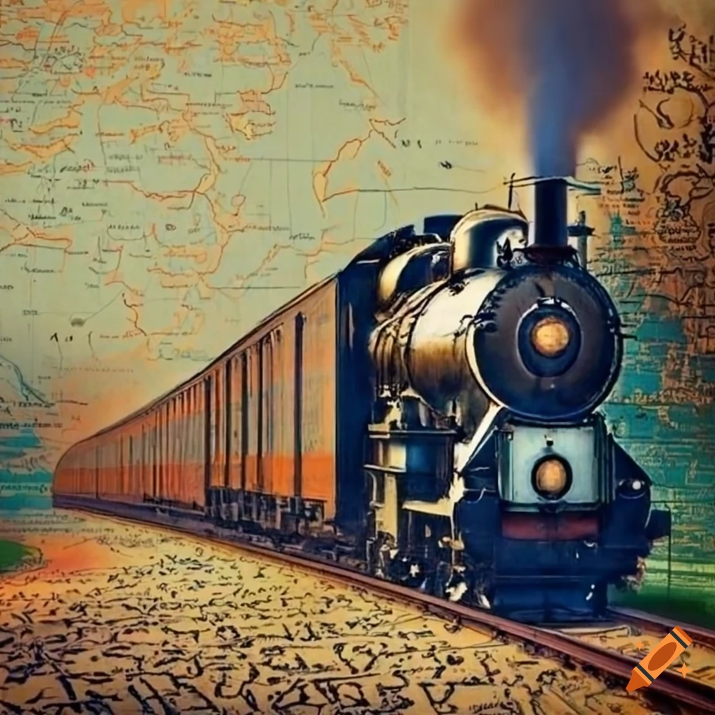 Antique train with an antique map of europe in the background