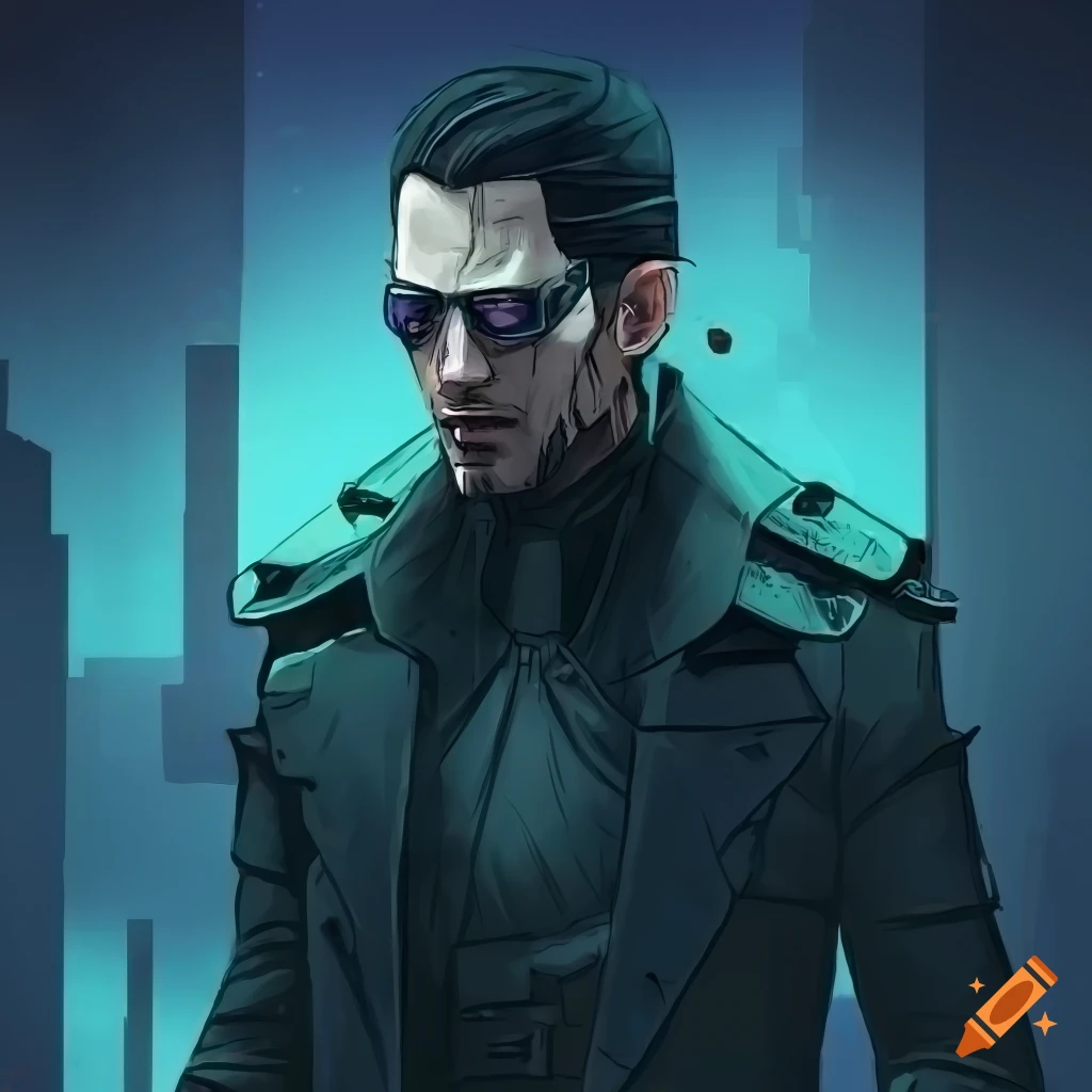 JC Denton from Deus Ex wearing matrix style trench coat and sunglasees ...