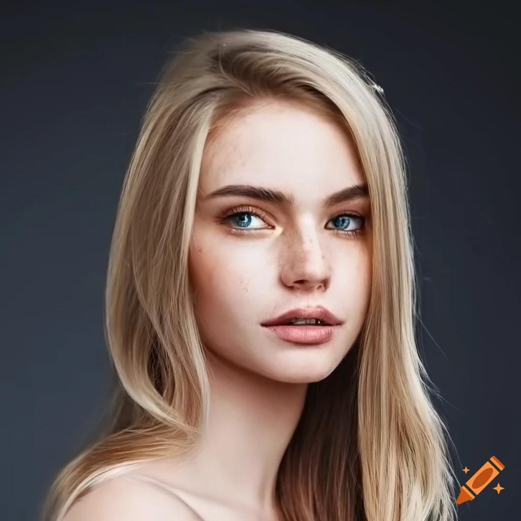 Beautiful young woman shoulder-length blonde hair slight freckles on Craiyon