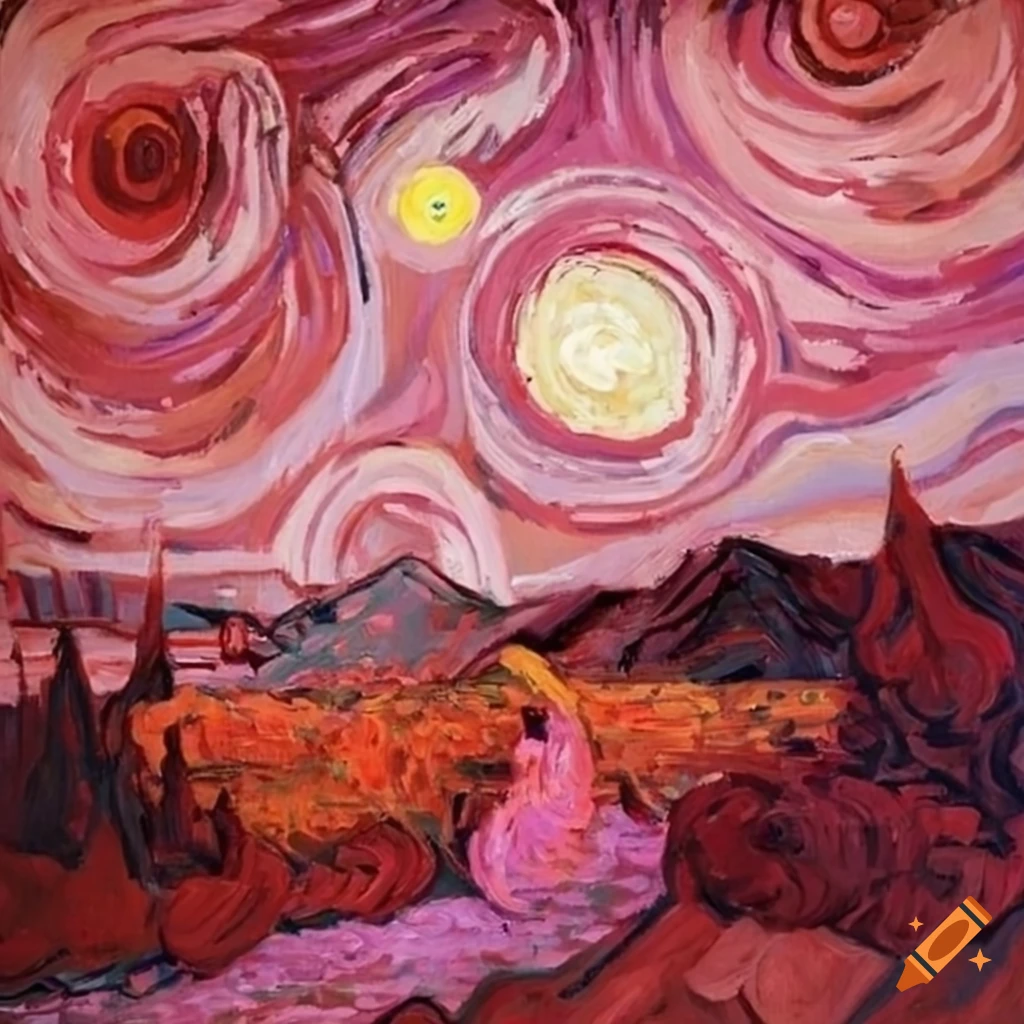 Pink bird van gogh landscape espatulado coffee colors