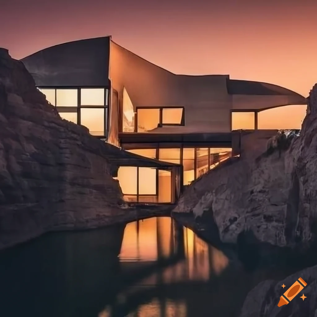 A very tall tiered modern glass-roofed home with arches, embedded ...