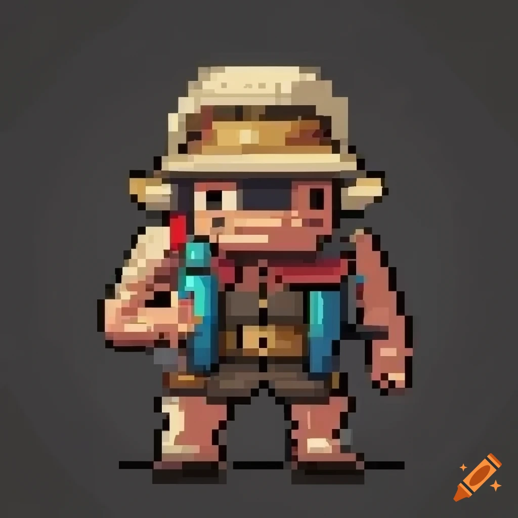 Massive backpack wearing explorer 52x52 pixel art side view