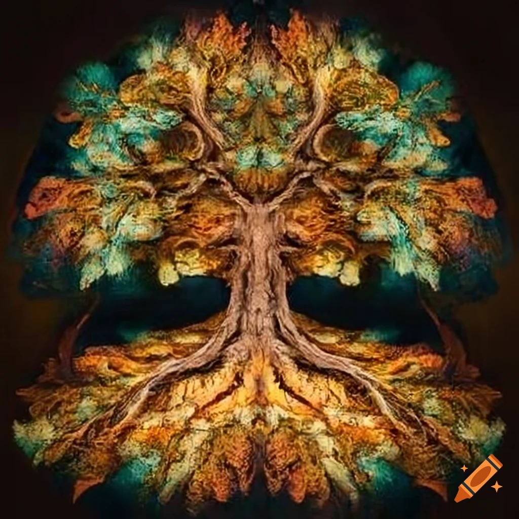 Symmetrical oak tree with painted leaves on Craiyon