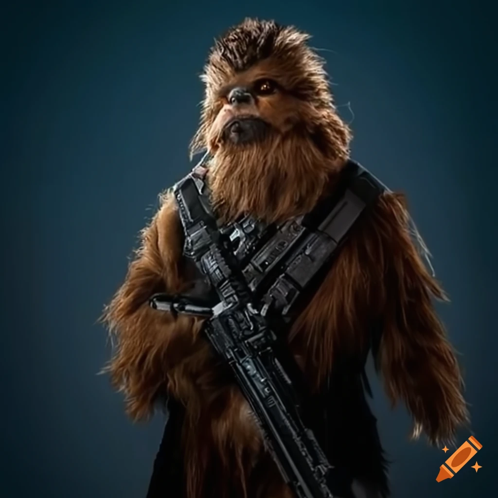 A wookiee holding a blaster in the cockpit of the falcon