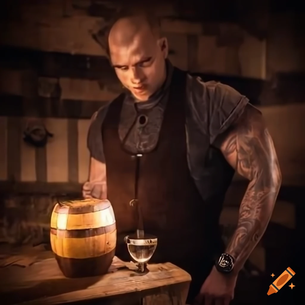 Wide shot medieval tavern with a dark, muscular bartender carrying a ...