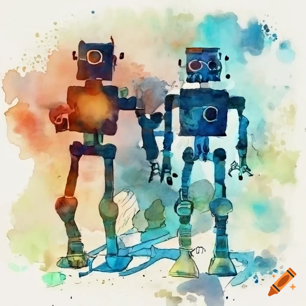 Line art of group of marching robots silhouetted in shiny watercolor on ...