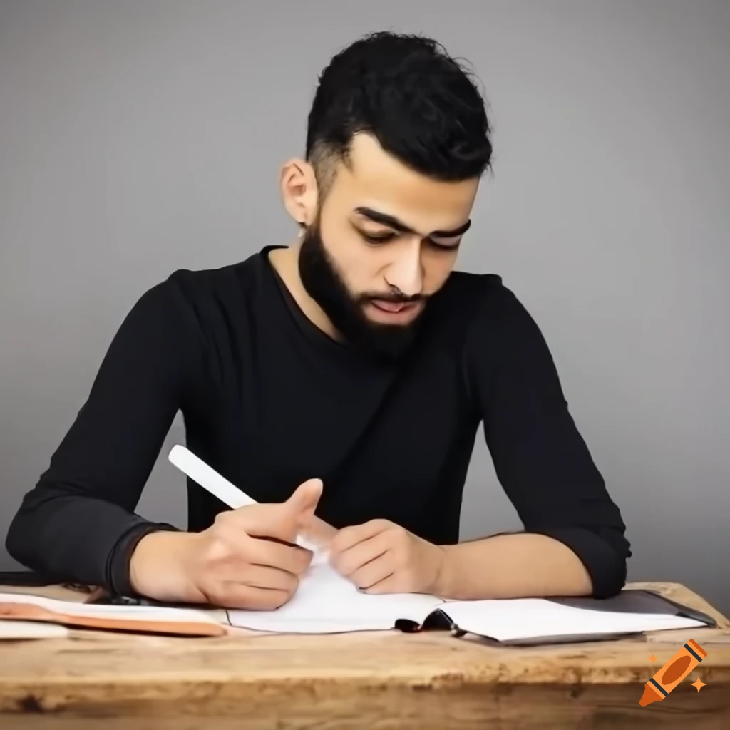 Bearded young syrian man, full beard, sitting at table, studying
