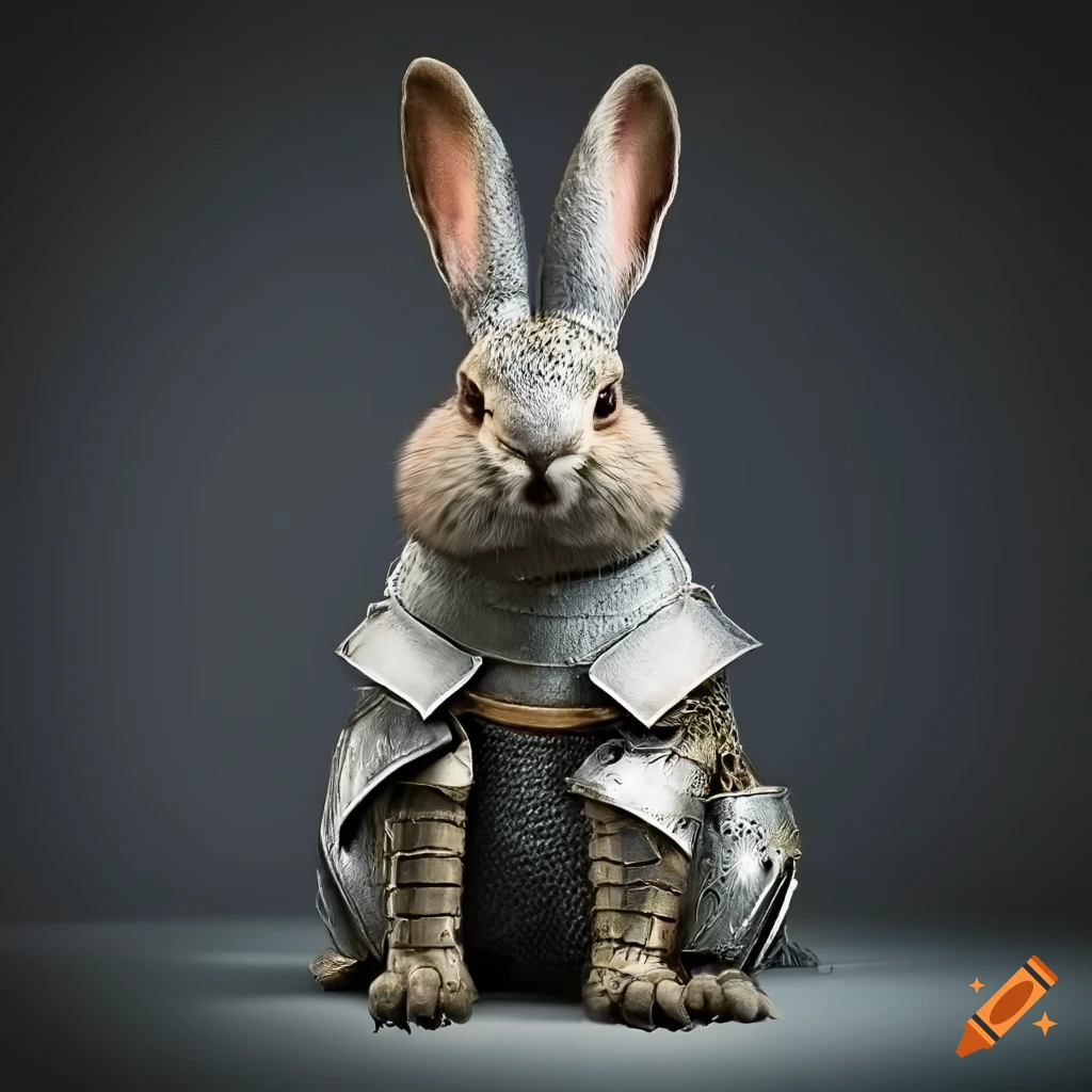 Photograph of a realistic sitting rabbit wearing knight's armor on Craiyon