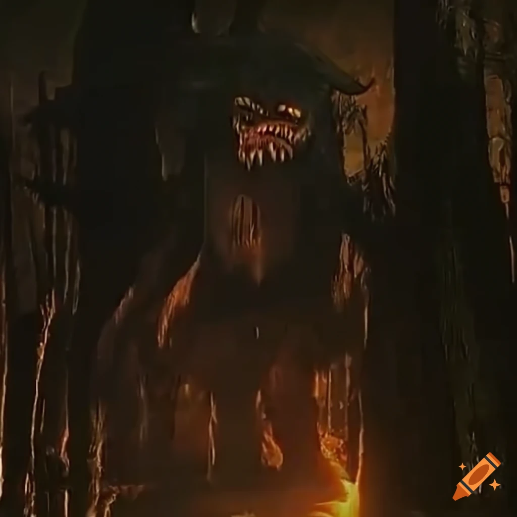 Vhs screengrab from 1989 dark fantasy movie. gigantic monumental troll ...