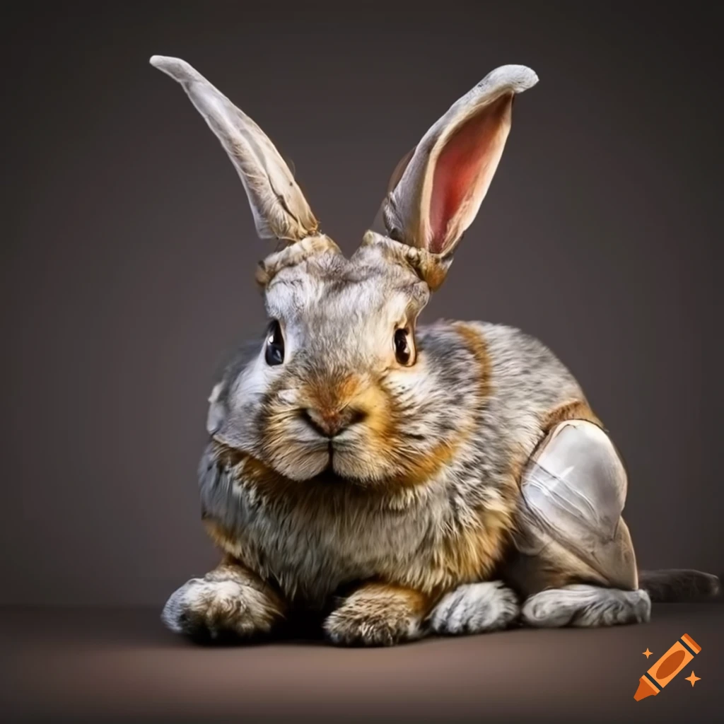 Photograph of a realistic crouching rabbit wearing fantasy-style armor