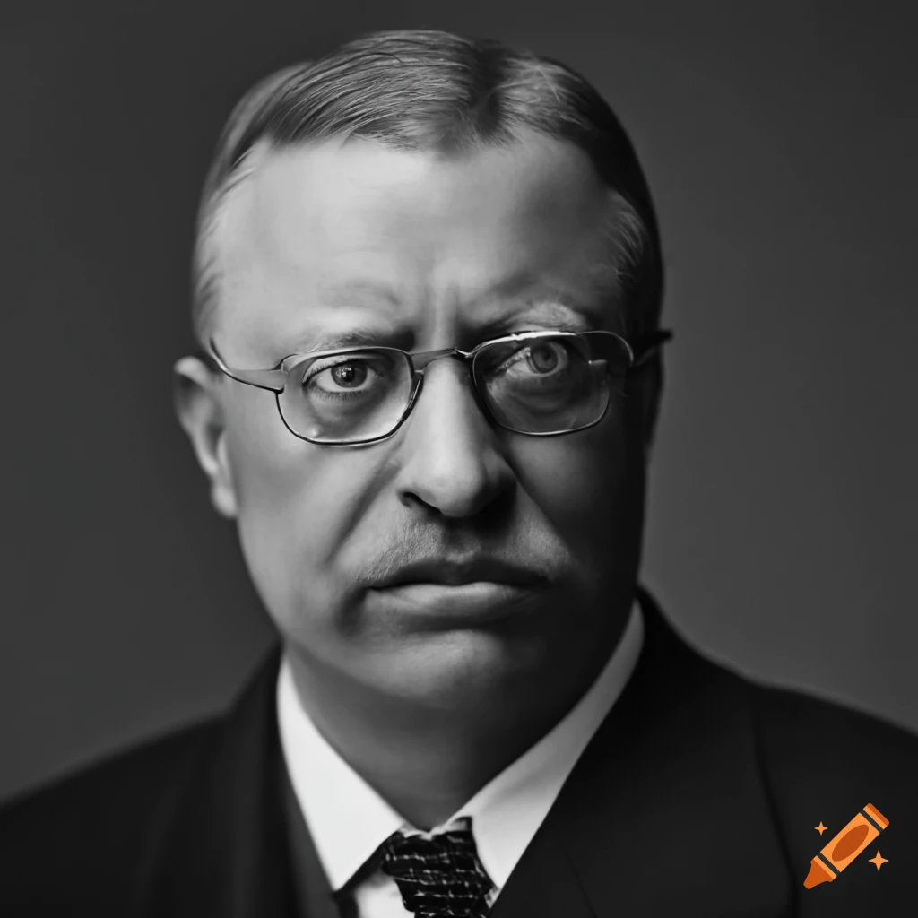 A black and white portrait of a stoic theodore roosevelt