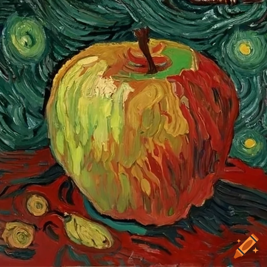 A voracious apple in the style of van gogh's painting