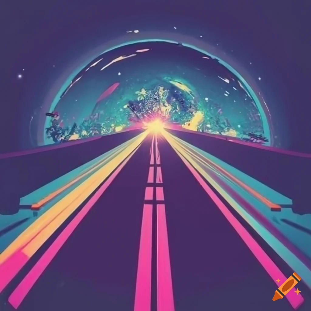 Road in space in retrowave vintage style on Craiyon