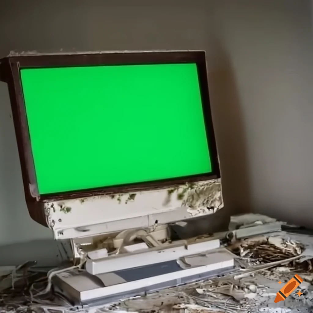 A green screen computer in an abandoned lab on Craiyon