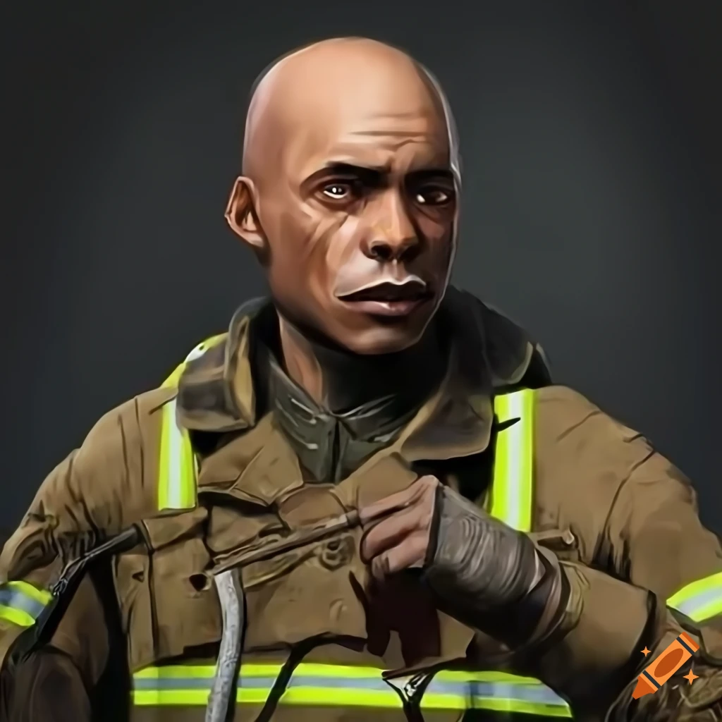 Male,has a short black goatee, African American, bald, firefighter ...