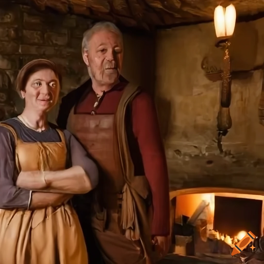 Middle aged innkeeper husband and wife, medieval tavern in the ...