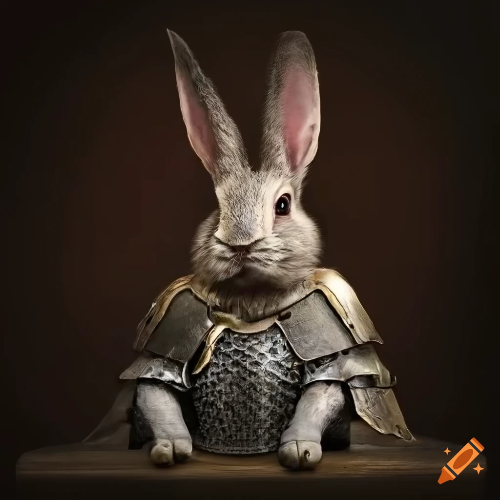Photograph of a realistic sitting rabbit wearing fantasy-style armor