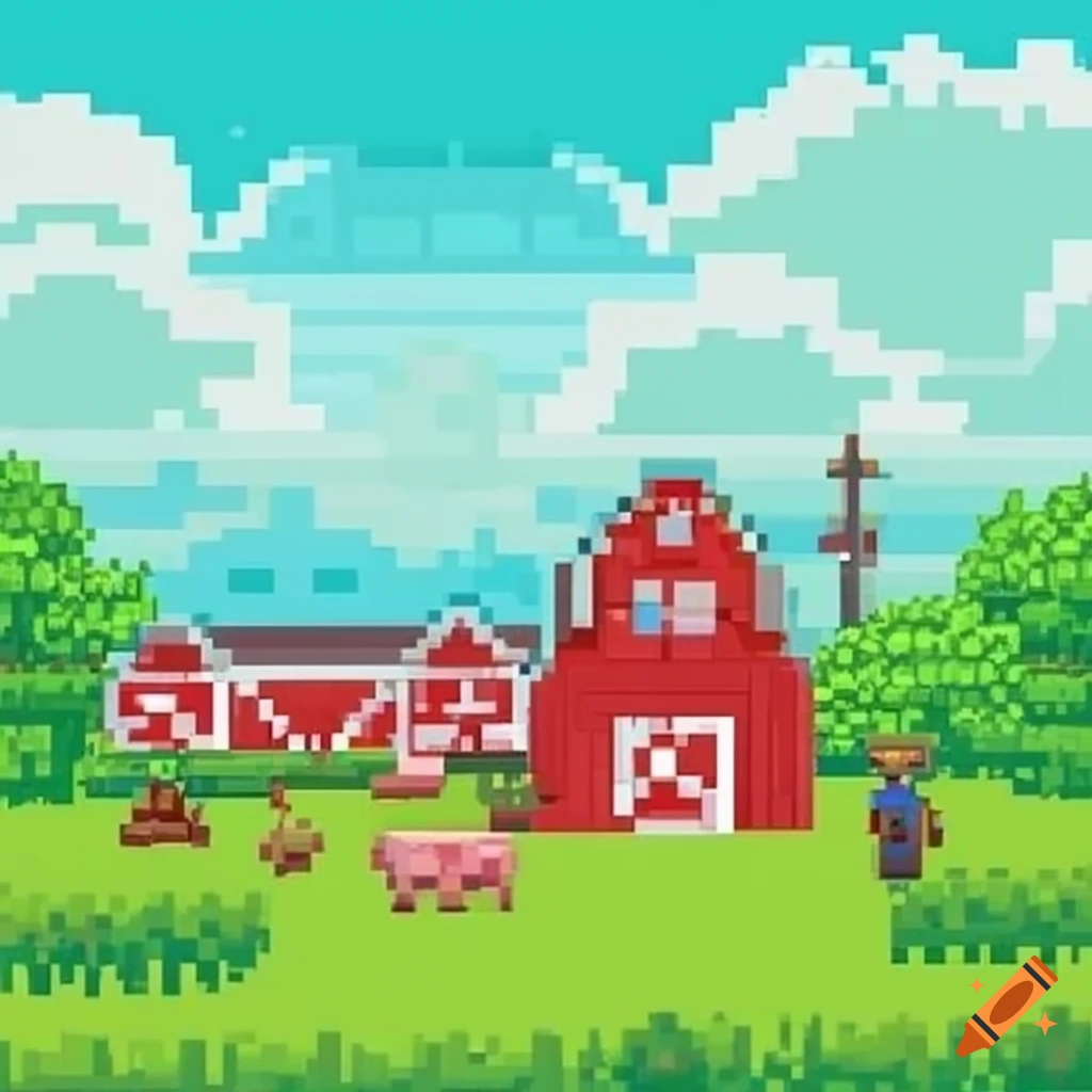 Pixel art farm with pigs and farmers on Craiyon