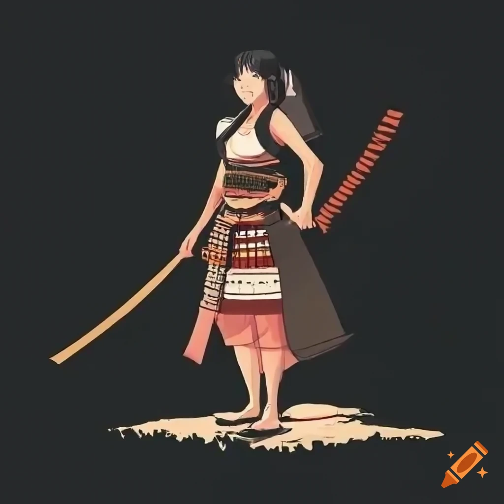 Samurai woman on a hill overlooking a small Japanese village and Shinto ...