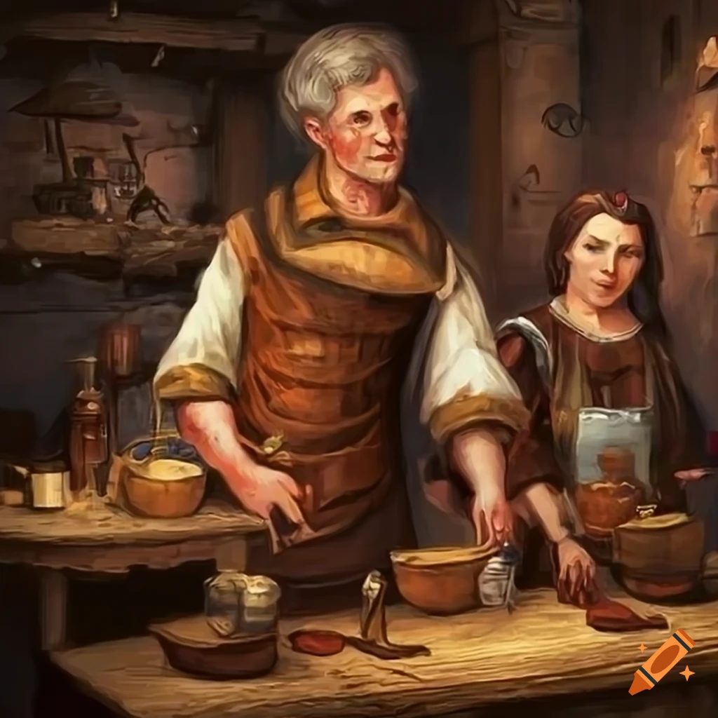 Middle aged innkeeper husband and wife, medieval tavern in the ...