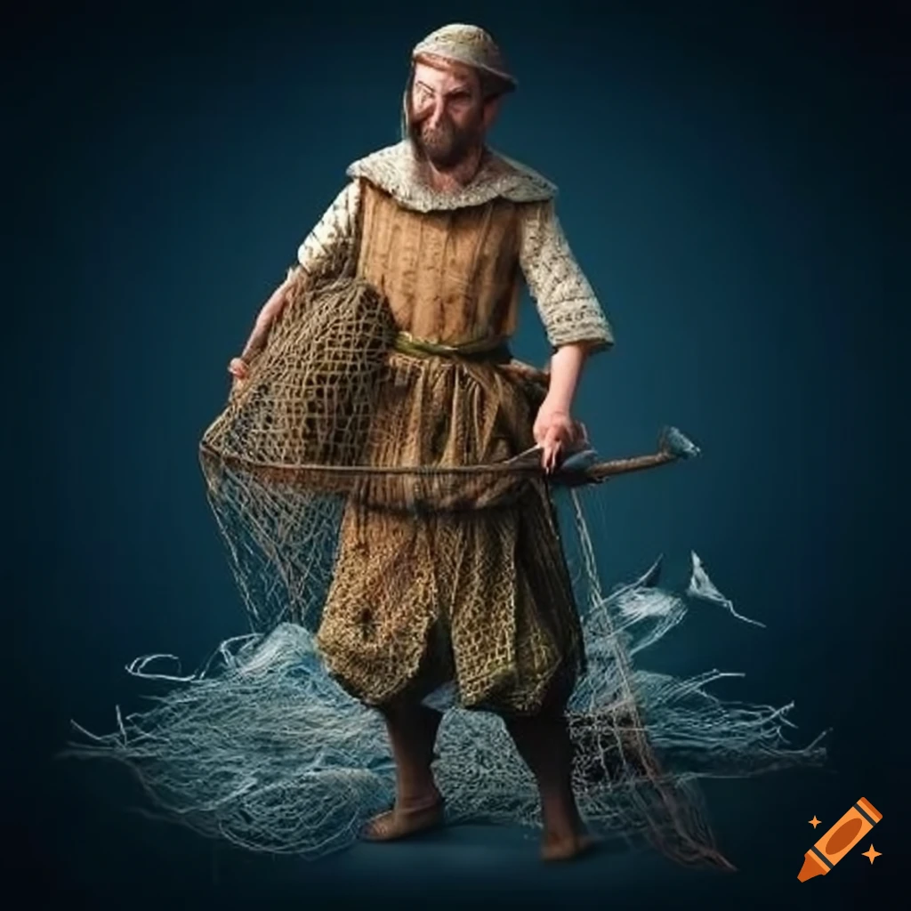 MEDIEVAL FISHERMAN CARRYING FISH NETS ON BAZAAR on Craiyon