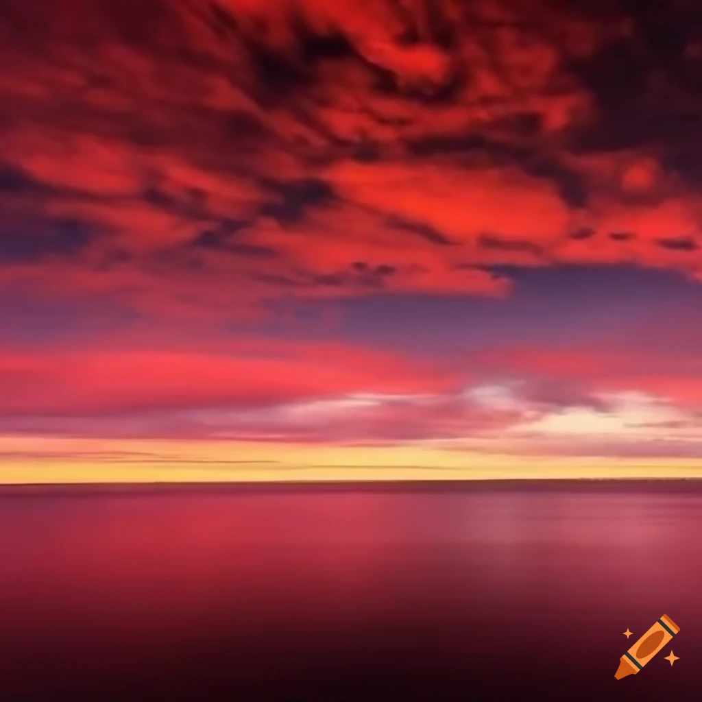 Liminal space of a red lake and a brick-red sky with black clouds on ...