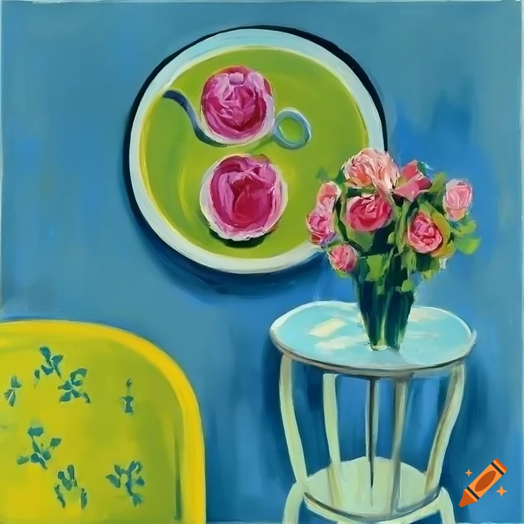Cup of coffee in a round table, pink roses and a yellow chair in a ...