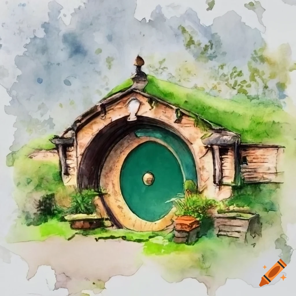 Watercolor Illustration of Hobbiton from Lord of the Rings on Craiyon