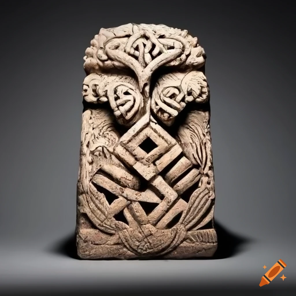 Intricate viking carving on large stone block on Craiyon