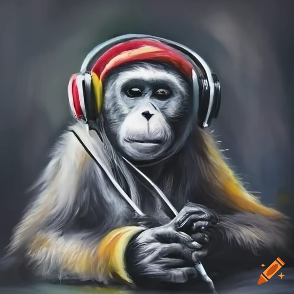 Monkey with headphone wear rainbow jacket on Craiyon