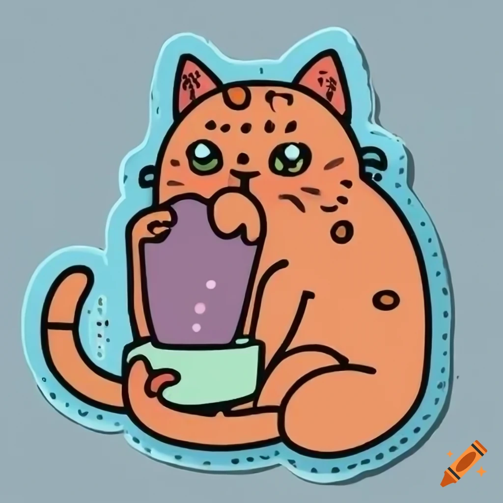 Sticker of a cute cat eating ramon