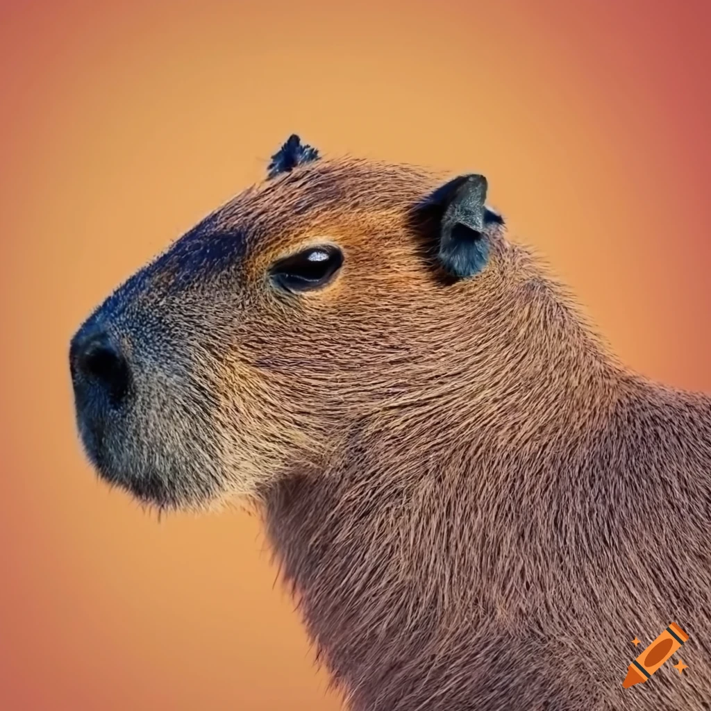 Right side of a sitting capybara with a orange background