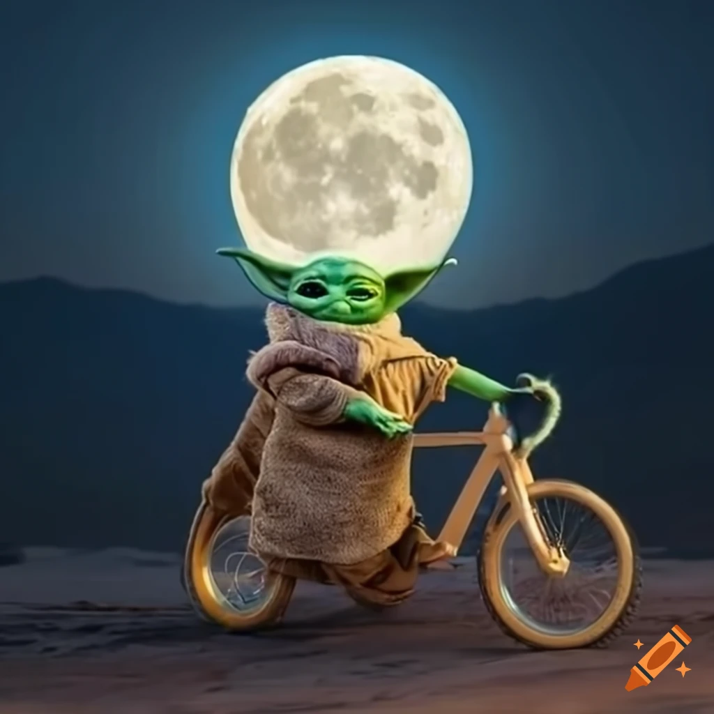 Baby yoda on bike in front of moon on Craiyon