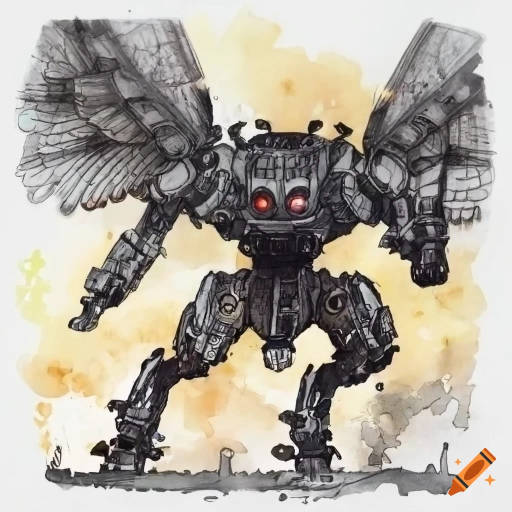 Line art of winged mechs marching, in electric blues, warm orange and ...