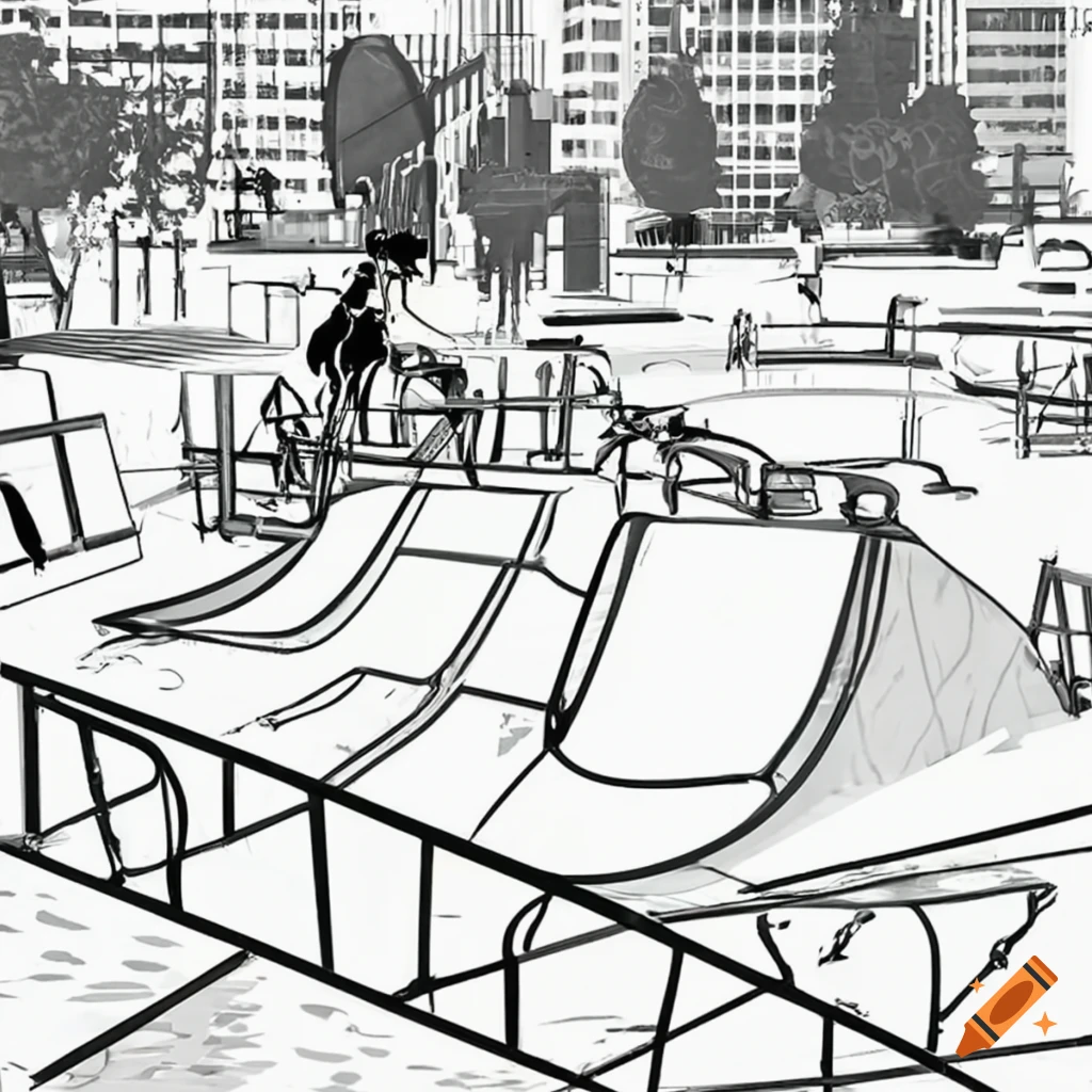 Urban skatepark with ramps, stairs and railings for skaters