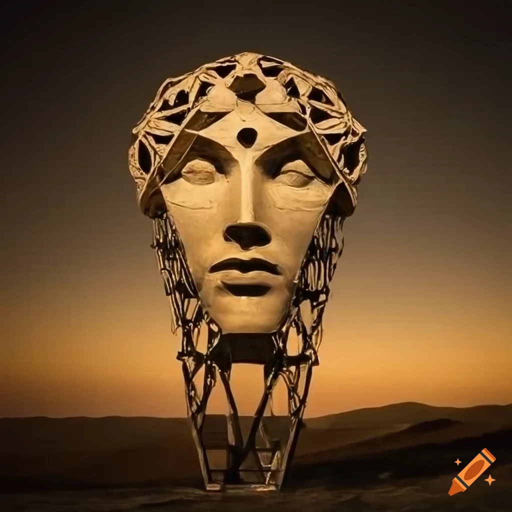Surreal geometric sculpture with a human face and fine art deco ...