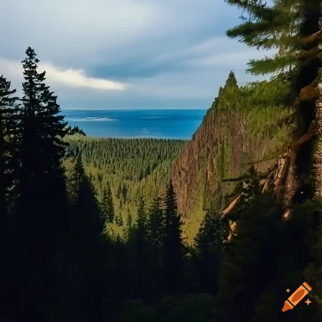 Landscape of rolling oregon pine forests with a river winding through ...