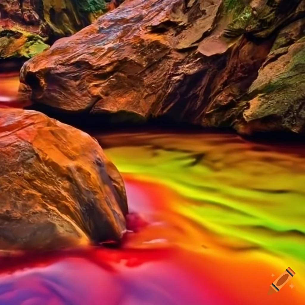 Rocky stream of many-colored water on Craiyon