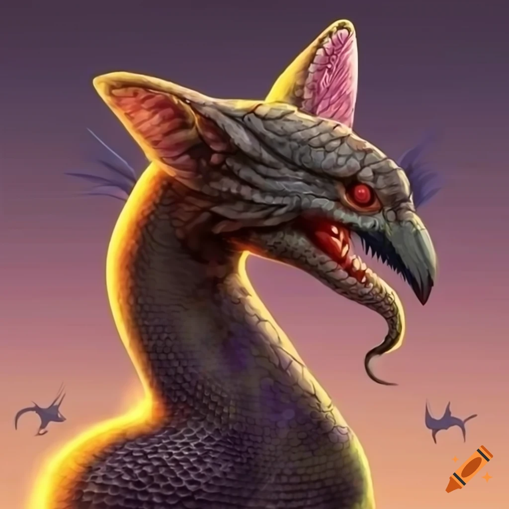 A fantasy creature with a snake body, crow feet and wings, and cat face ...
