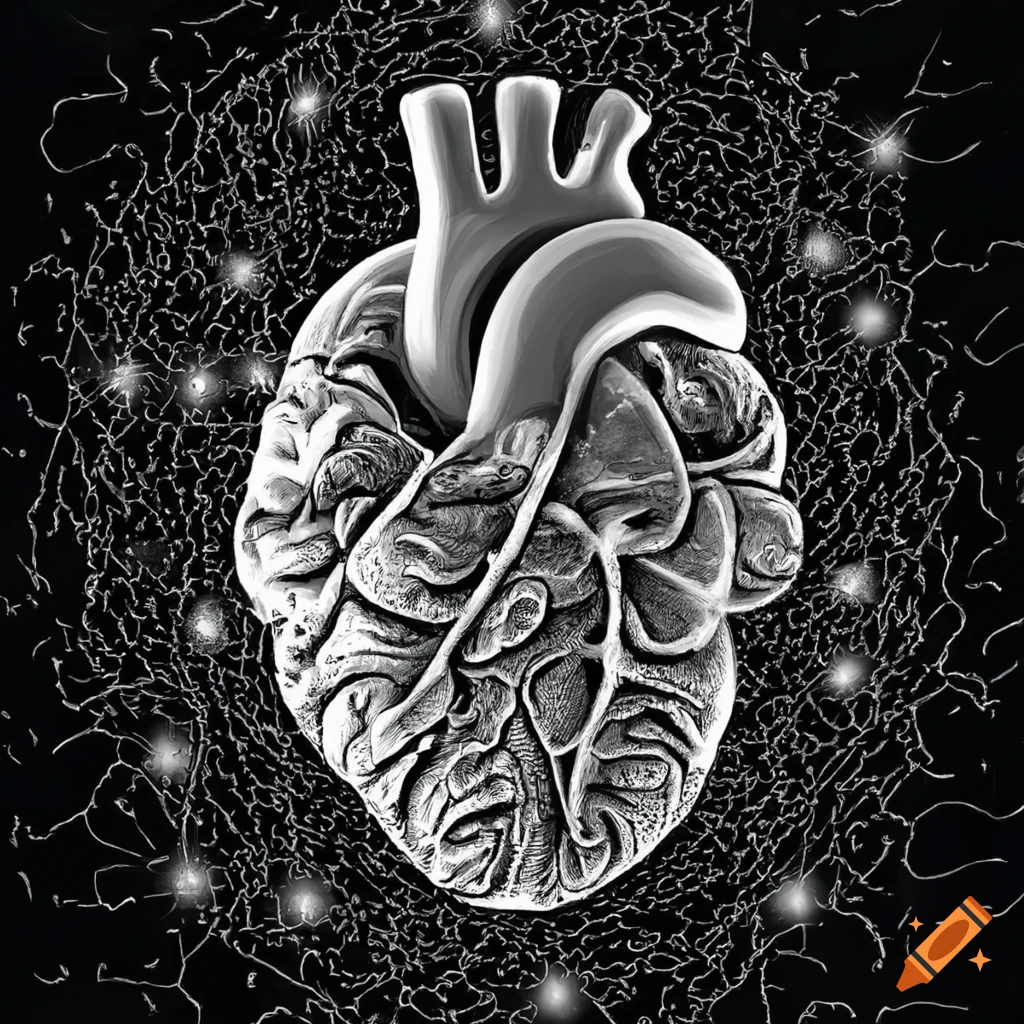 Monochrome illustration depicting the brain-heart connection in an ...