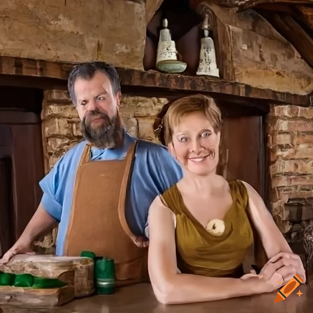 Middle aged innkeeper husband and wife, medieval tavern in the ...