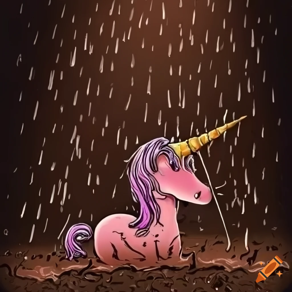 A little unicorn trapped in the mud, under the rain on Craiyon